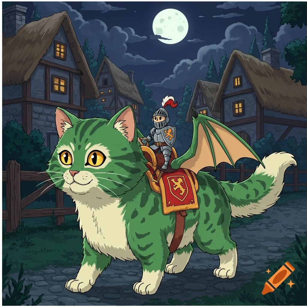 A cartoon knight rides a green cat with dragon wings through a medieval ...