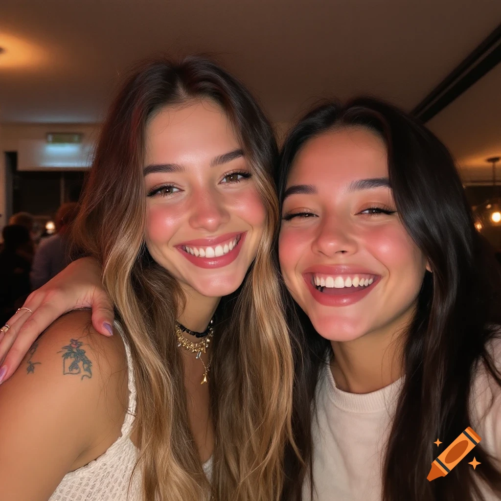 Two young women smiling brightly together in a warm indoor setting. on ...