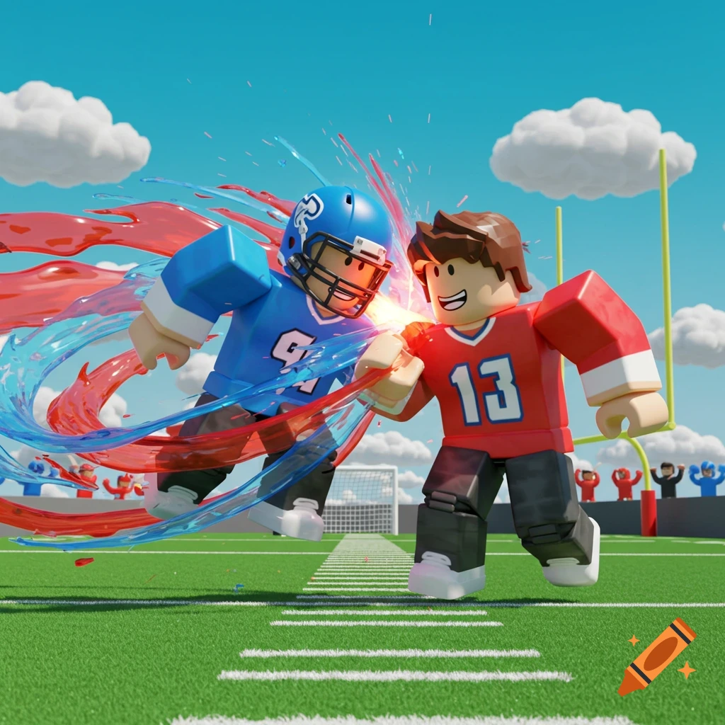 Two football players clashing in Roblox style with a red and blue flow ...