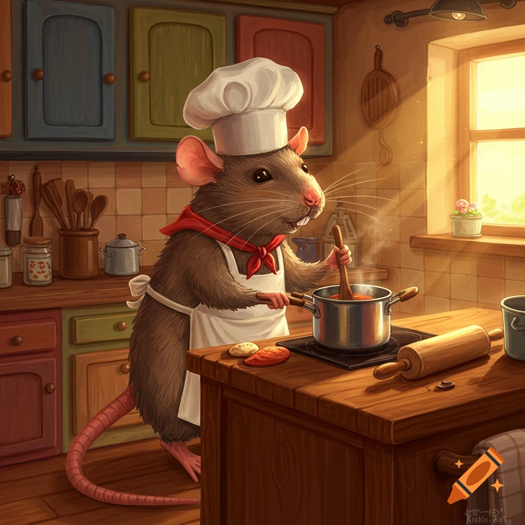 Remy from Ratatouille jumping over Sylvester the Cat in a kitchen on ...