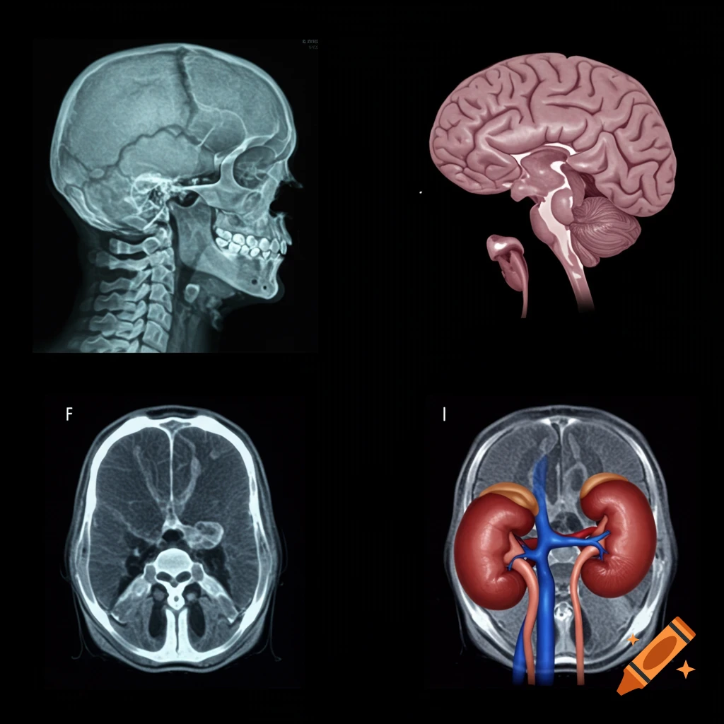Grid of medical images: skull X-ray, brain illustration, head scan ...