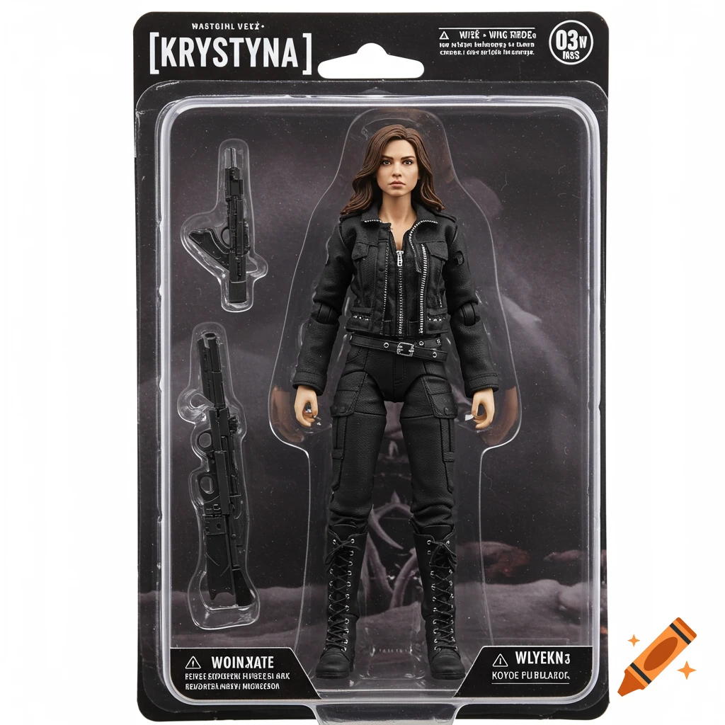 Action figure of a woman in black outfit and boots displayed in blister ...