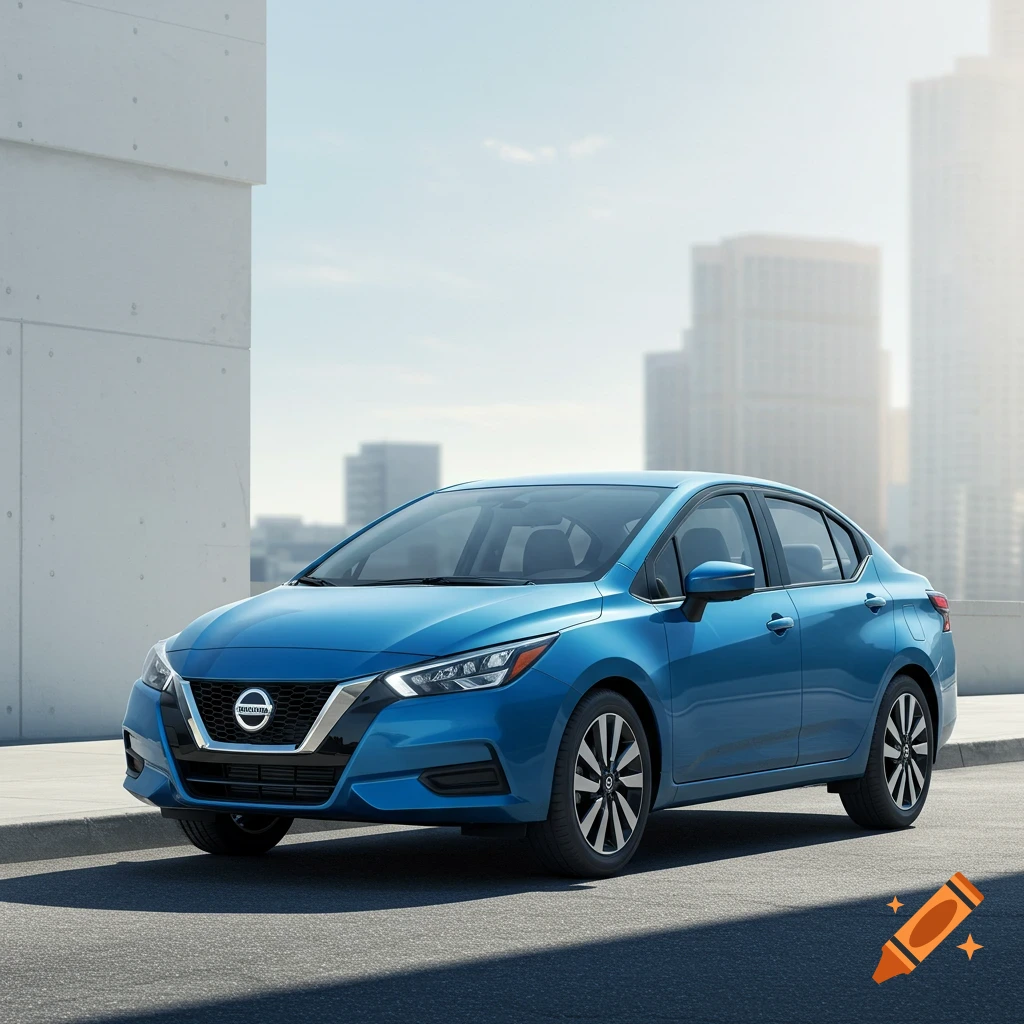A blue Nissan Versa sedan parked on a city street. on Craiyon
