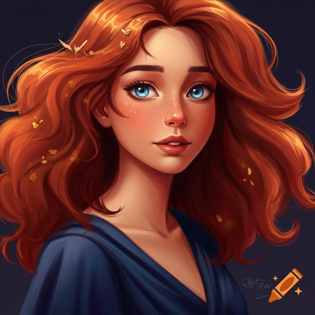 A red-haired woman with blue eyes and freckles. on Craiyon