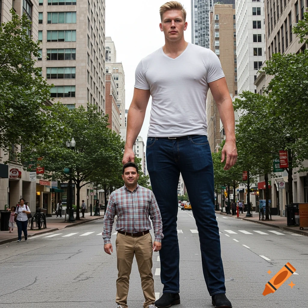 A giant blond man stands in a city street holding a smaller man's head ...