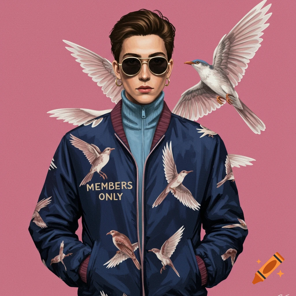 Stylish 80s "Members Only" jacket with avian pattern on Craiyon