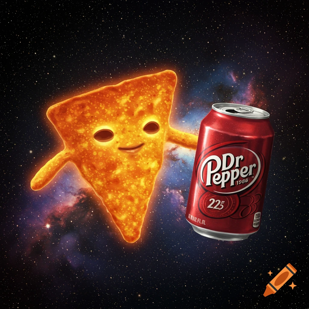 Dorito with a face as an omnipotent being in space with a Dr Pepper can ...