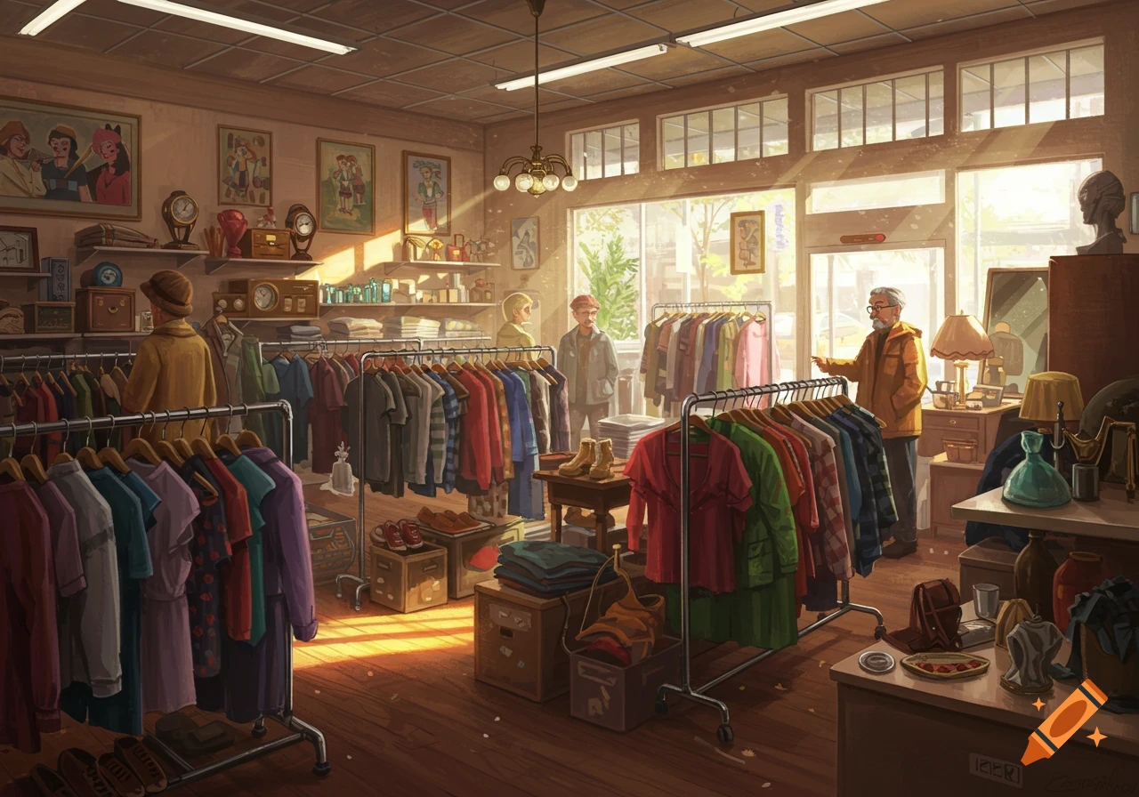 Interior of a busy thrift store with racks of clothes, shelves of items ...