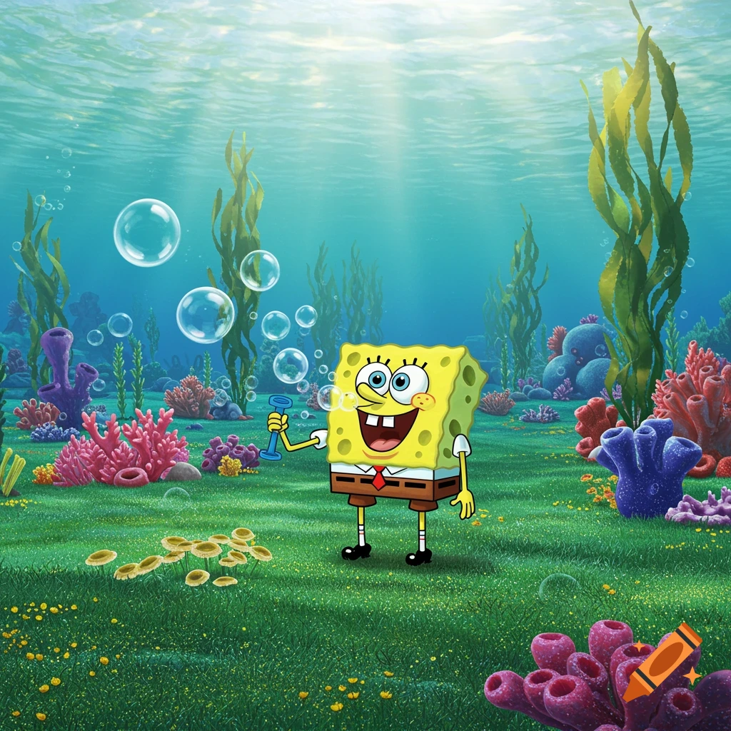 SpongeBob blowing bubbles in underwater meadow on Craiyon