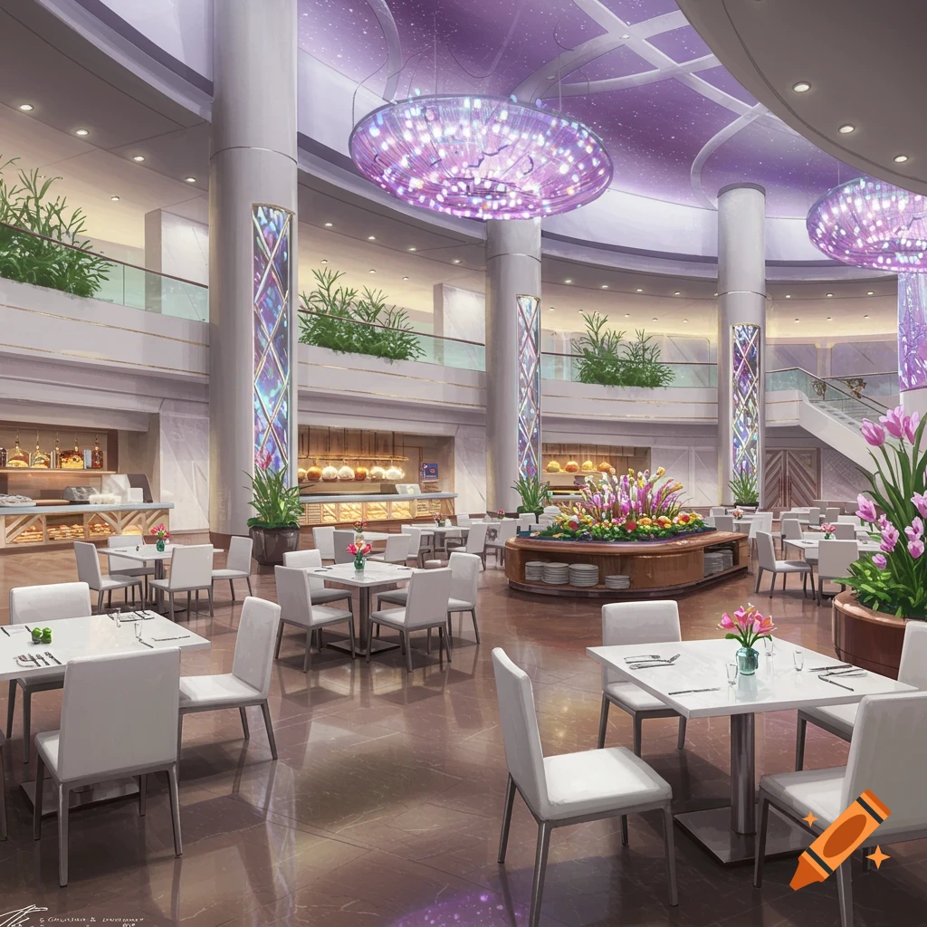 A large, elegant cafeteria or dining hall with tables, chairs, food ...