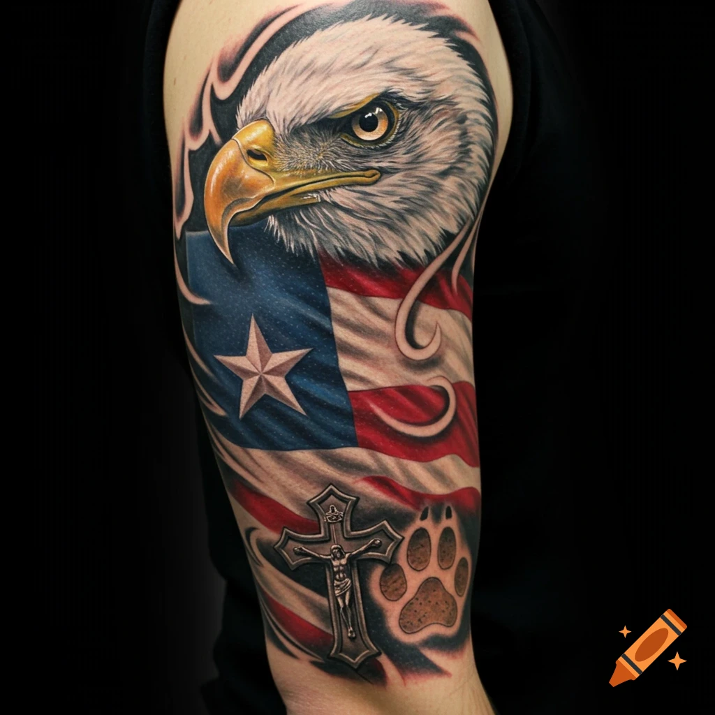 Sleeve tattoo with bald eagle head, Texas flag, cross, and dog paw ...