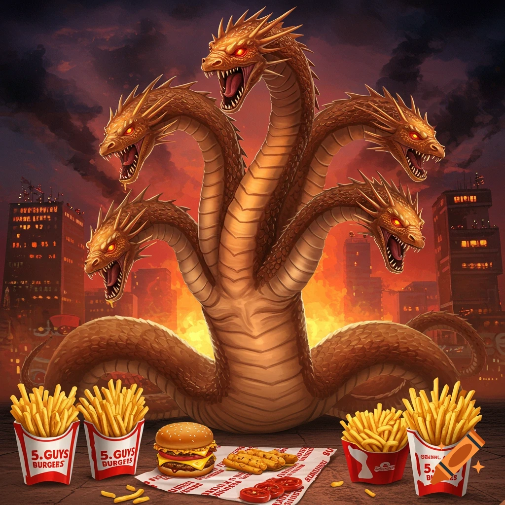 A gold, multi-headed hydra monster in a city with burgers and fries. on Craiyon