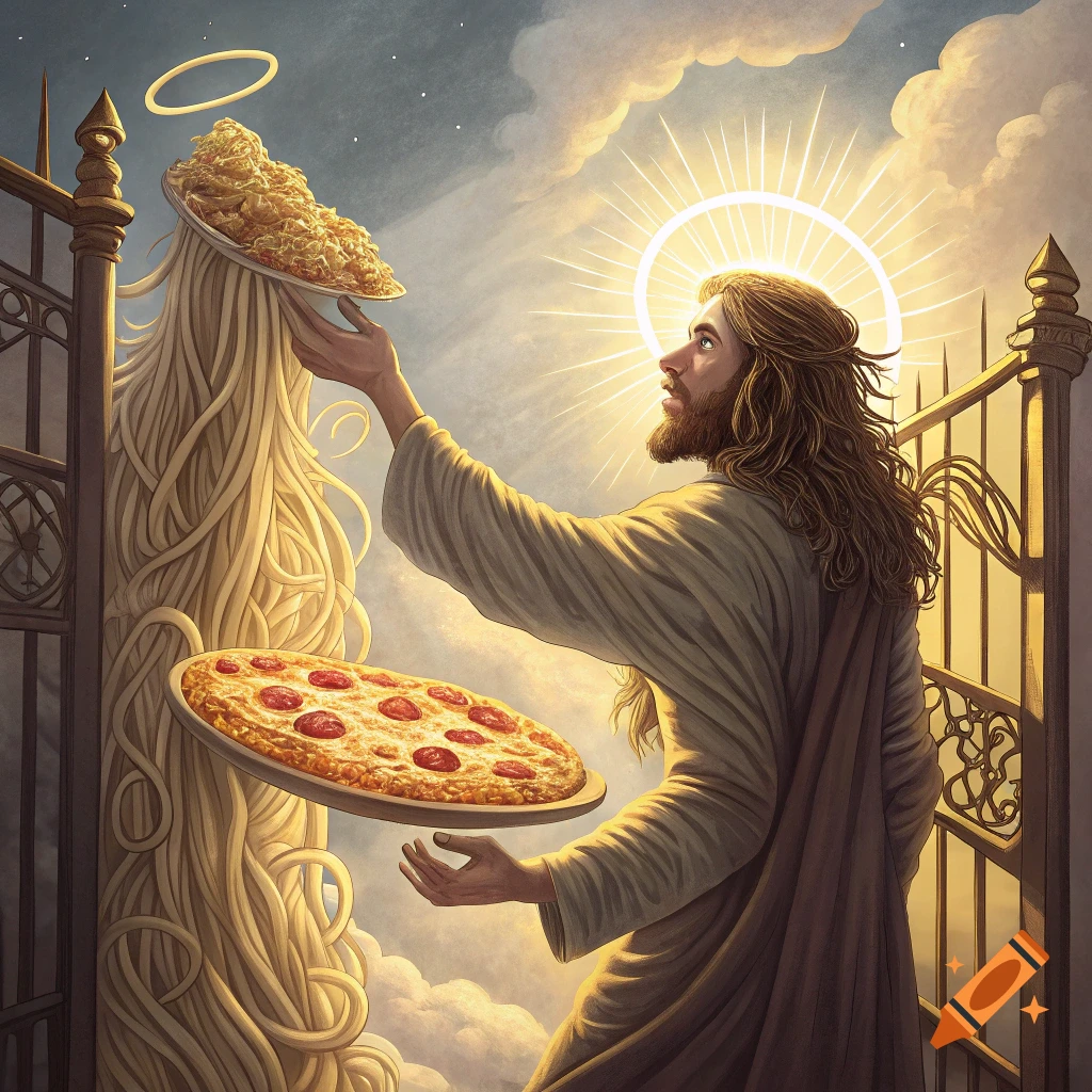 Spaghetti Jesus offering pizza at the gates of Heaven on Craiyon