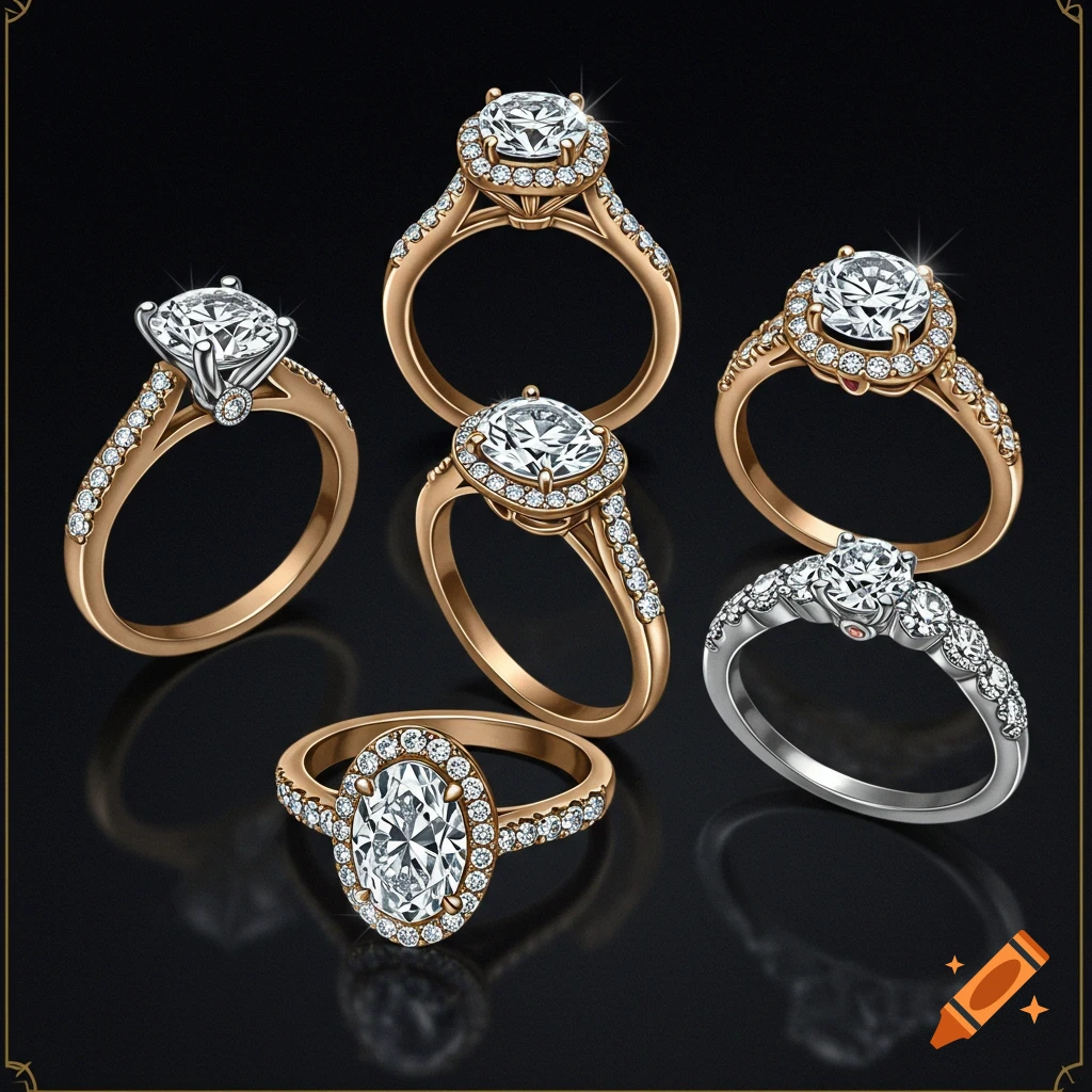 Several diamond engagement rings displayed on a black background. on ...