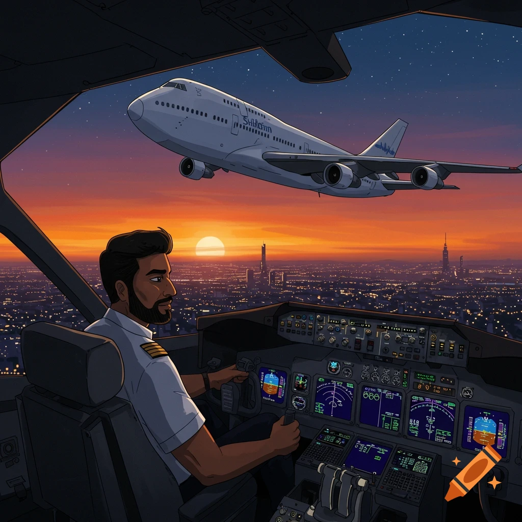 A pilot in a cockpit looking out at a Boeing 747 flying over a city at ...