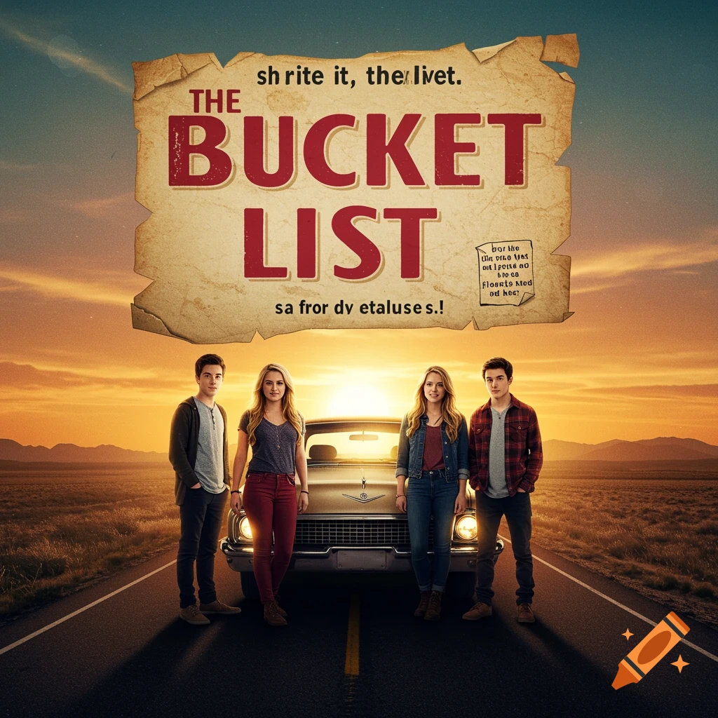 The Bucket List movie poster featuring four teens, a vintage car, and a ...