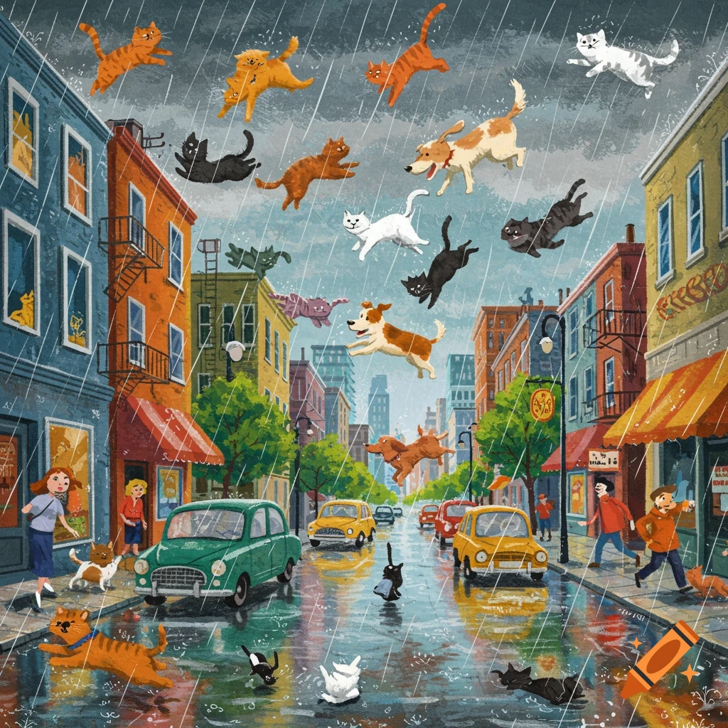 Cats and dogs raining down on a city street on Craiyon