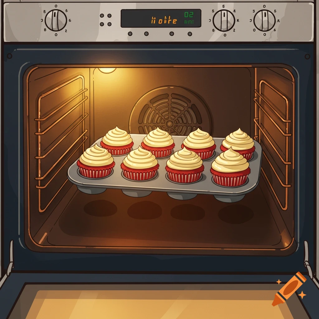 Clipart of red velvet cupcakes cooking in an oven on Craiyon