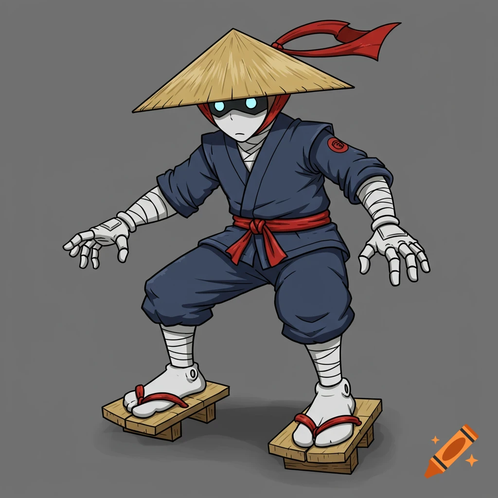 A cartoon robot ninja in a blue gi, straw hat, tabi socks and wooden ...