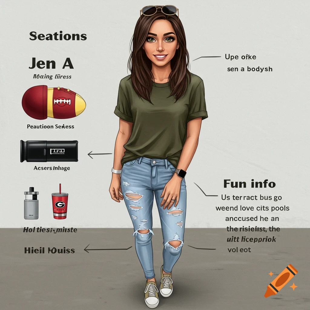 Action figure of Jen A with brown hair, green eyes, olive green t-shirt ...