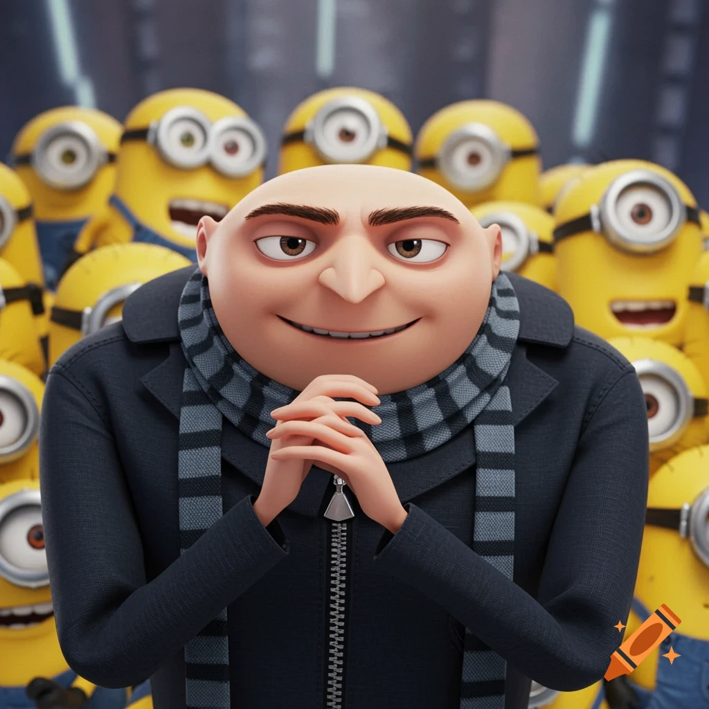 Gru from Despicable Me holds a photo of four children in a 3D animated ...