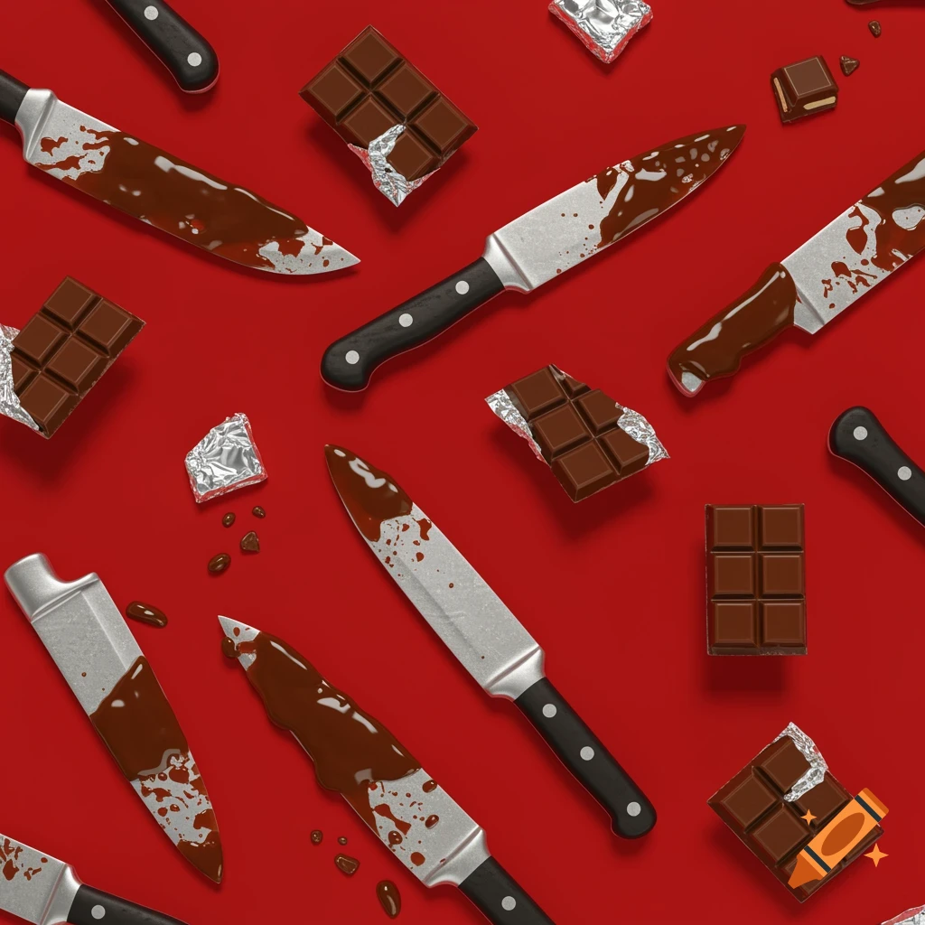 Pattern of knives smeared with chocolate and red liquid, chocolate bars ...