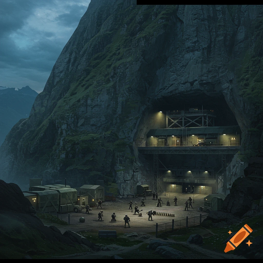 Military base built inside a large mountainside cave with soldiers ...