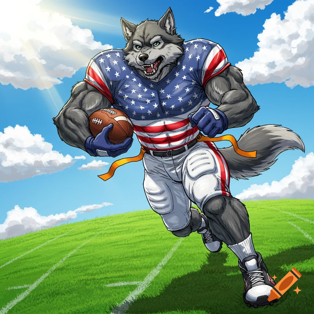Muscular wolf playing American flag football on Craiyon