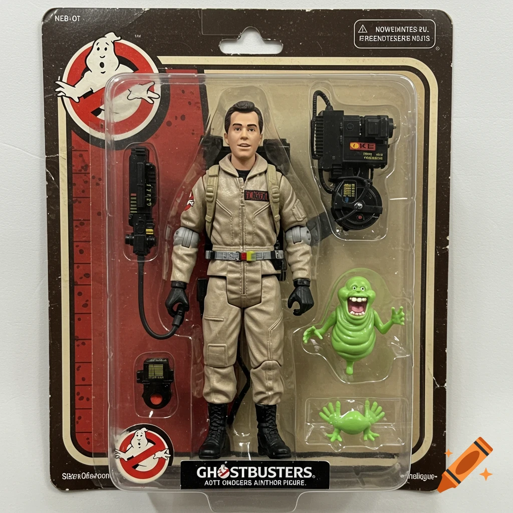 Retro Ghostbusters action figure in sealed packaging with Slimer on Craiyon