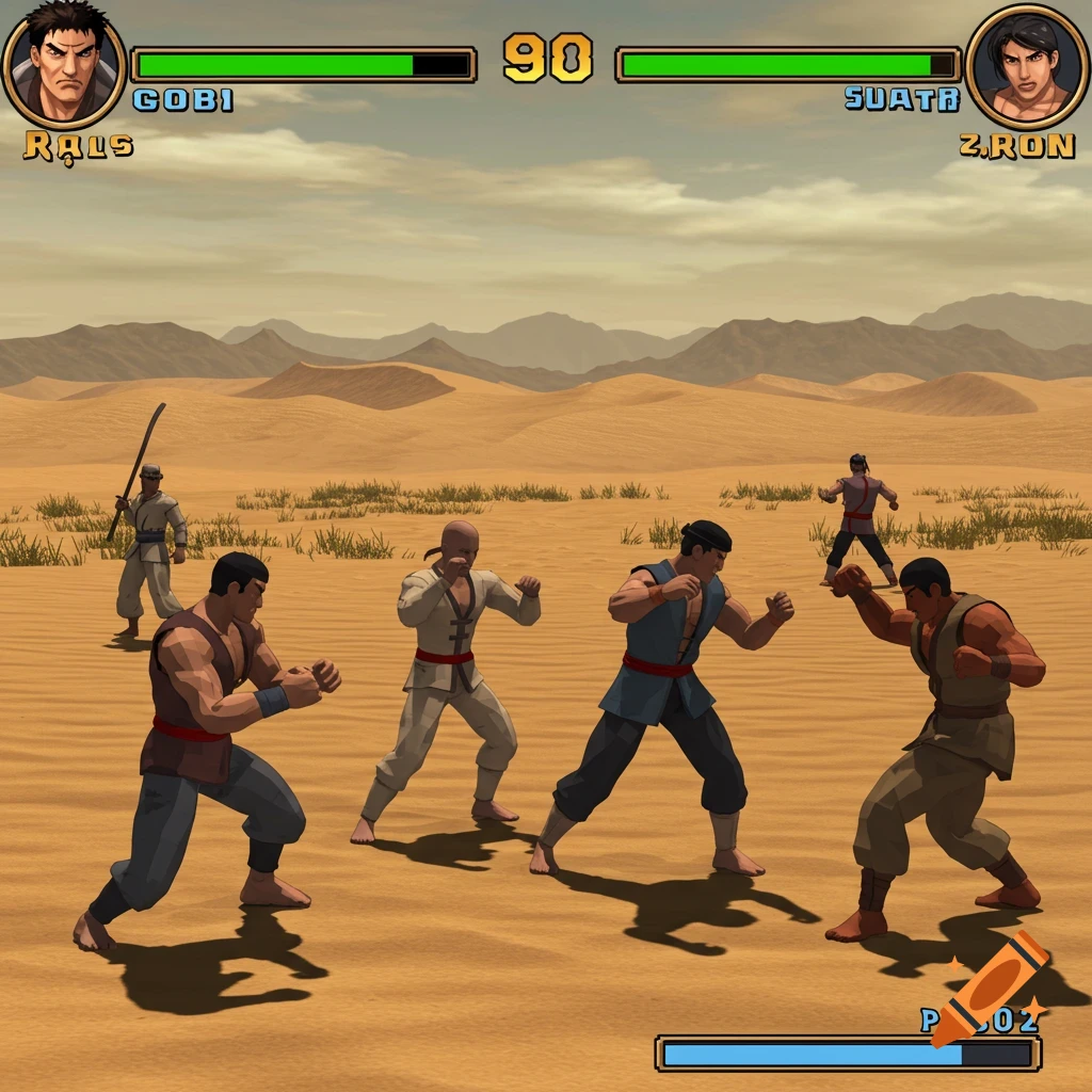 A 3D fighting game screenshot in a desert with characters fighting and ...
