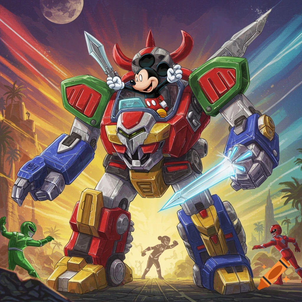 Mickey Mouse piloting a colorful robot fighting figures in a battle ...