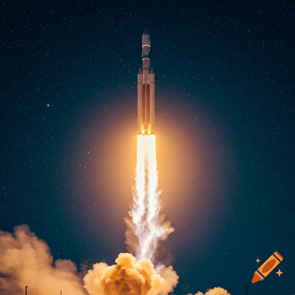 A blue rocket launches into a starry sky during a sunset with two ...