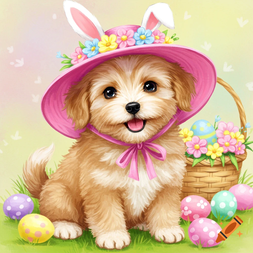 A puppy wears an Easter hat with bunny ears surrounded by Easter eggs ...
