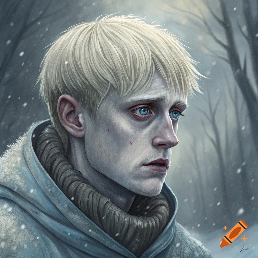 Pale man with blond bowlcut and blue eyes staring blankly on Craiyon