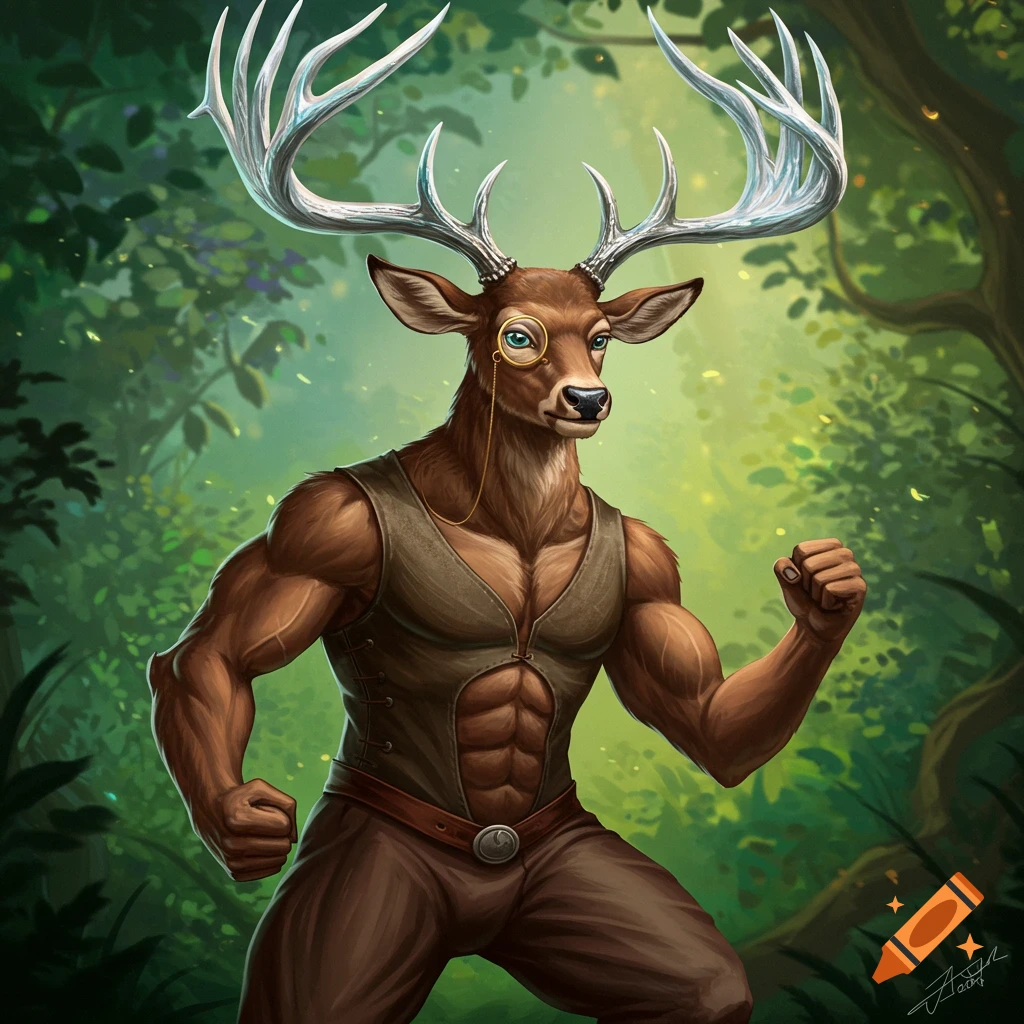 A muscular, anthropomorphic male deer with multicolored hair, eyeliner ...