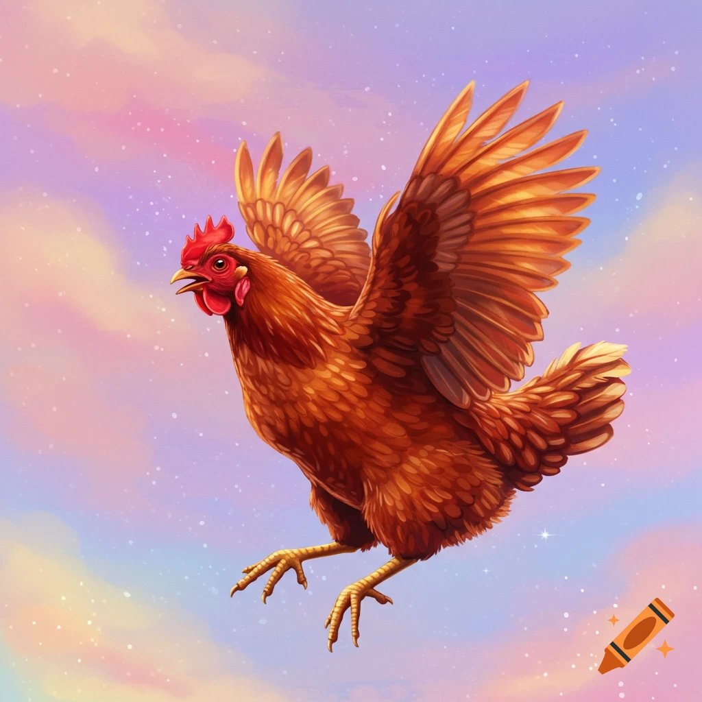 A brown chicken is flying in a colorful, starry sky. on Craiyon