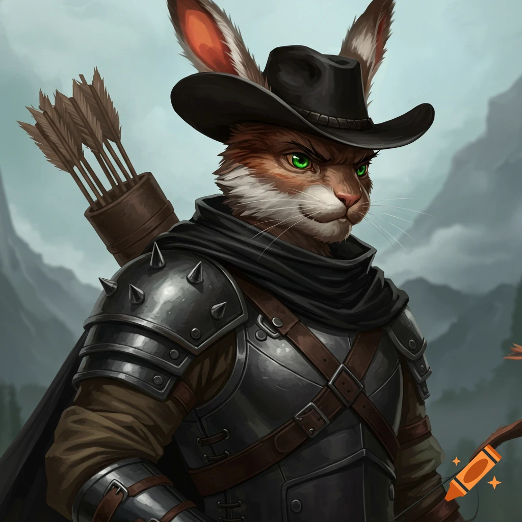 Rabbitfolk ranger portrait with leather armor and cowboy hat on Craiyon