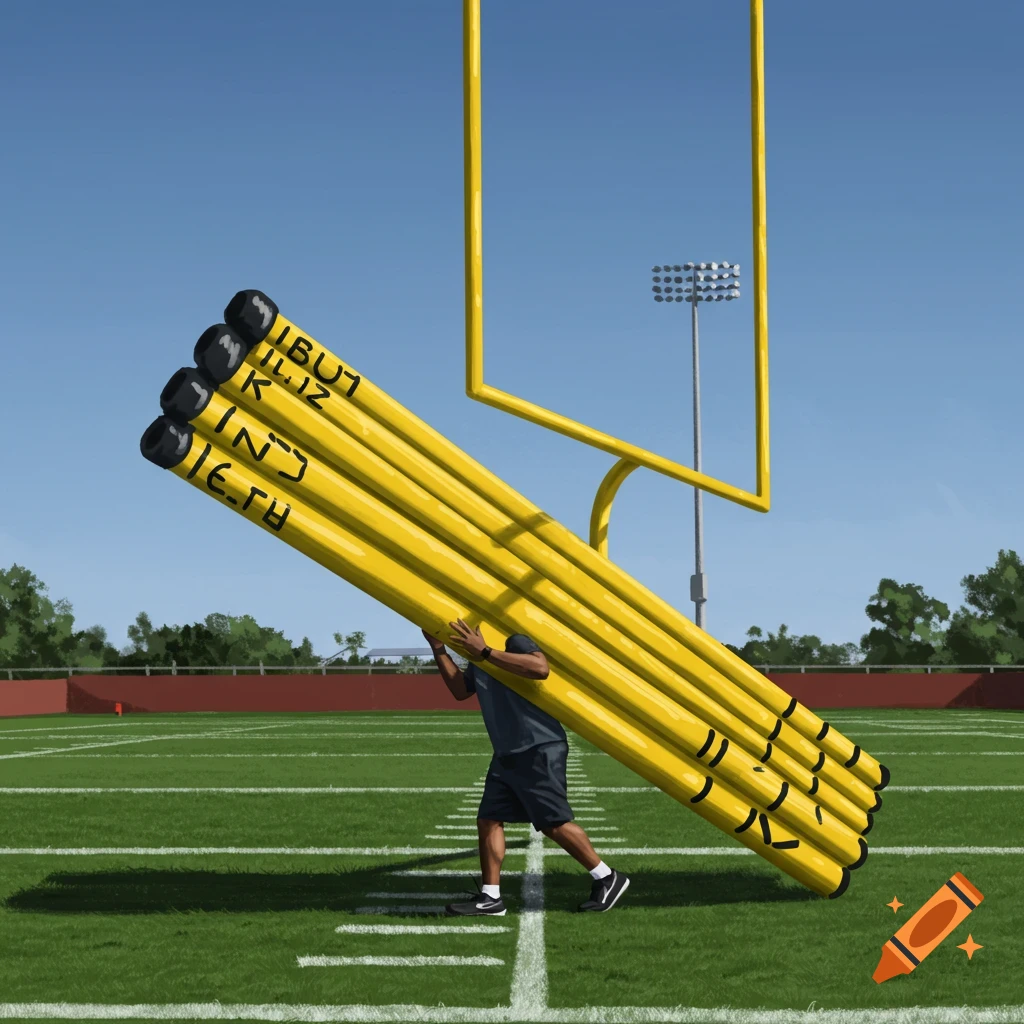 Man carrying yellow football goalposts on his back in the end zone on ...