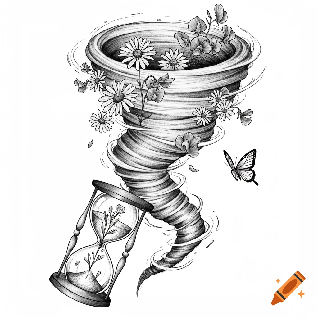 Black and white tattoo design of tornado with daisies and sweet pea ...