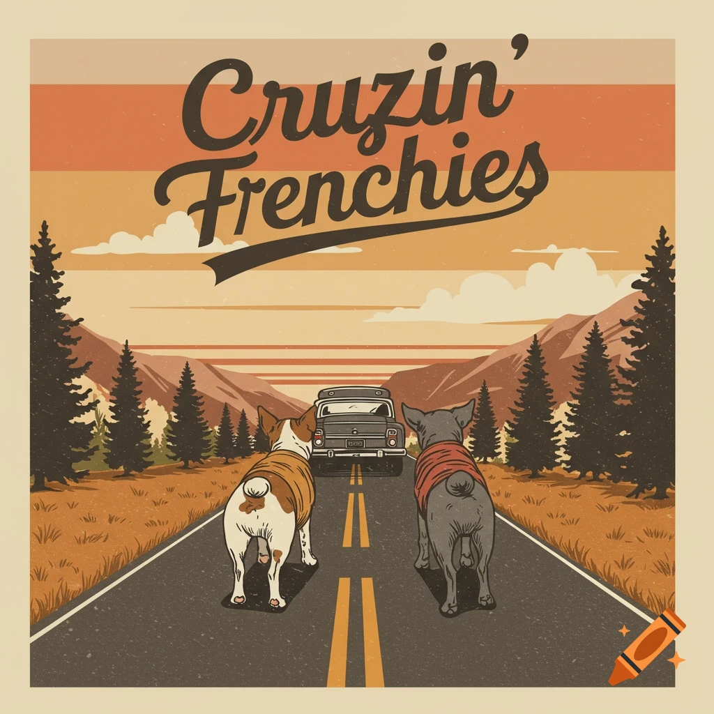 Cruzin' Frenchies logo with retro color palette on Craiyon