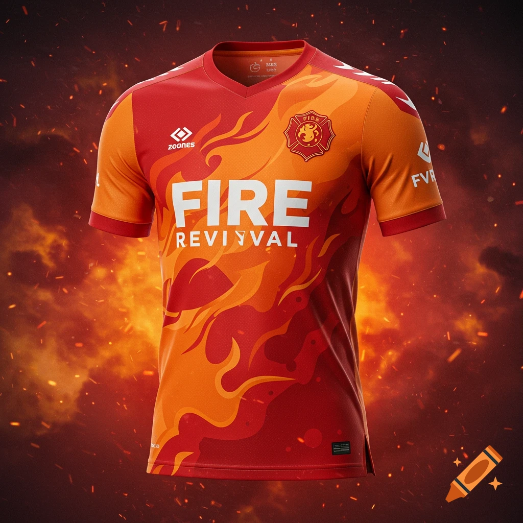 An orange and red soccer jersey with a fire pattern and text reading 'FIRE REVIVAL' on Craiyon
