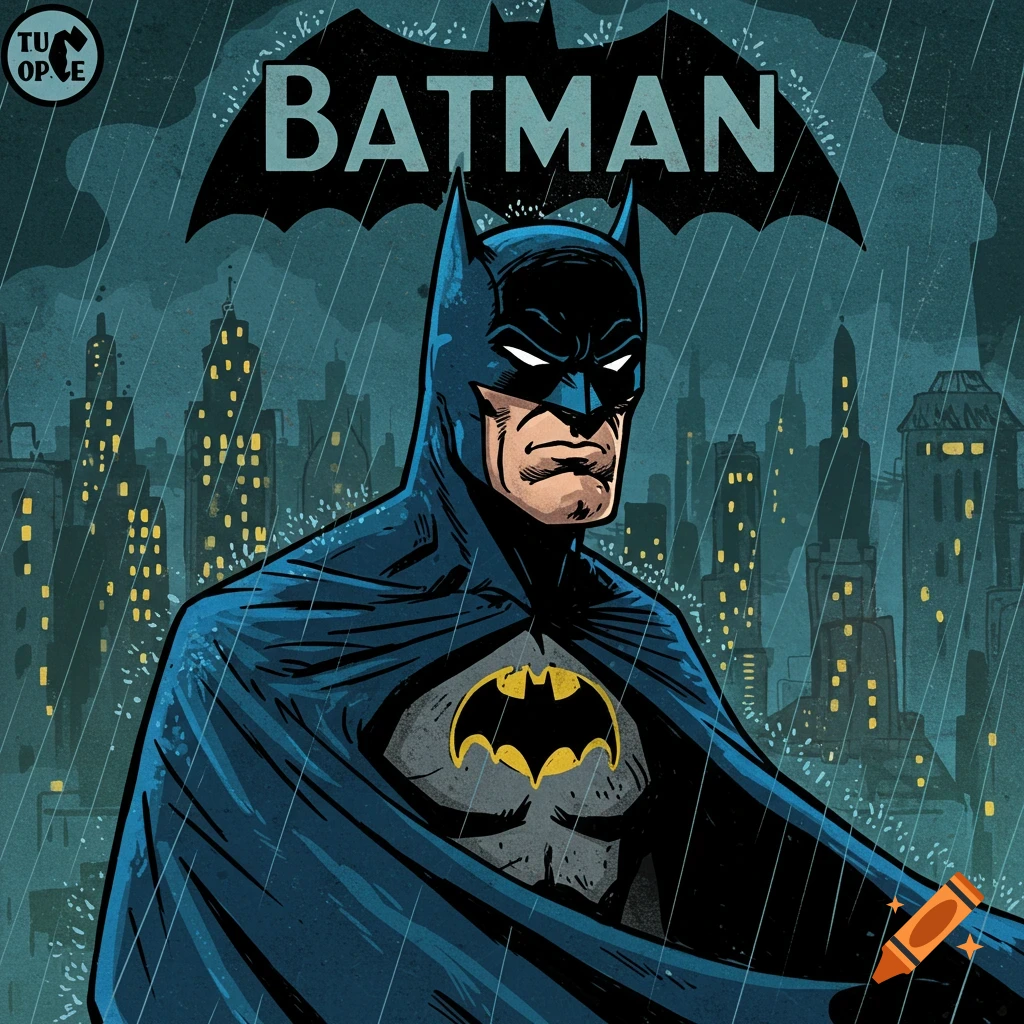 Overweight Batman stands in the rain in a dark city, comic book style ...