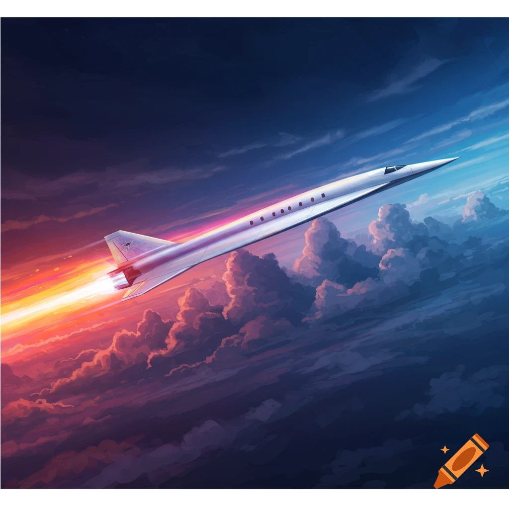 A white supersonic jet flying through clouds at sunset with a fiery ...
