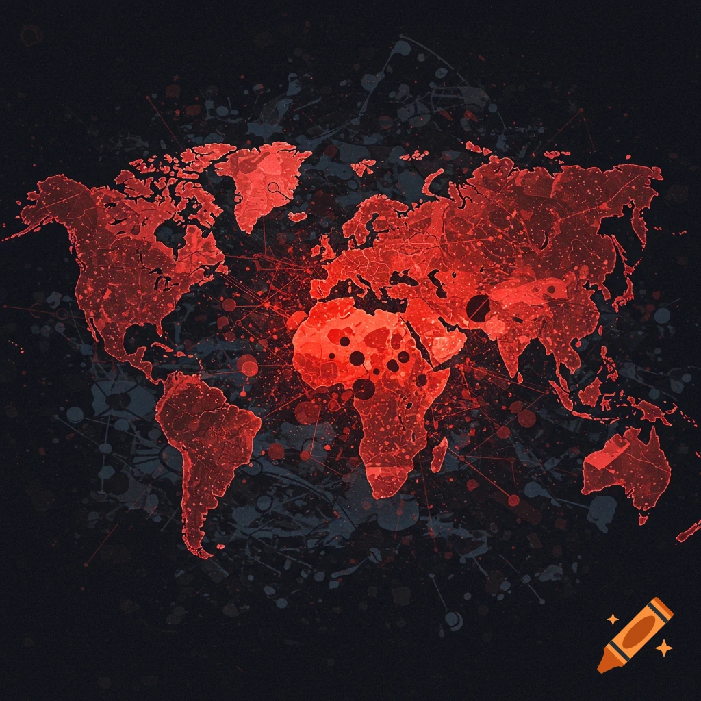 A stylized world map showing continents in shades of orange and yellow ...