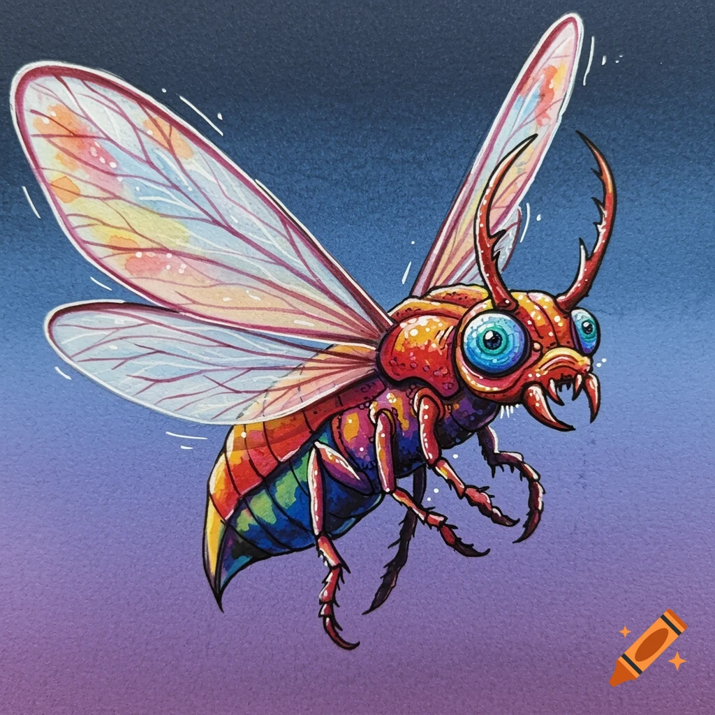 Imaginary scary flying bug, watercolor and oil pastel style on Craiyon