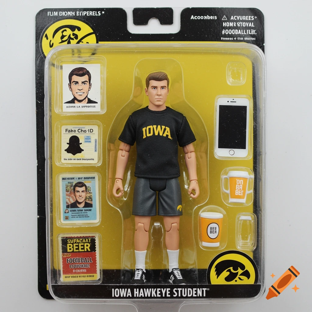 Iowa Hawkeye student action figure in retro blister packaging on Craiyon