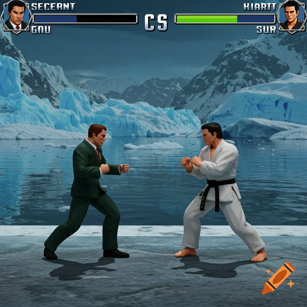 Fighting game screen showing a man in a suit fighting a man in a karate ...