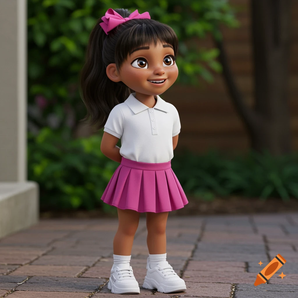 Young girl character Joya on first day of kindergarten, wearing fuscia ...