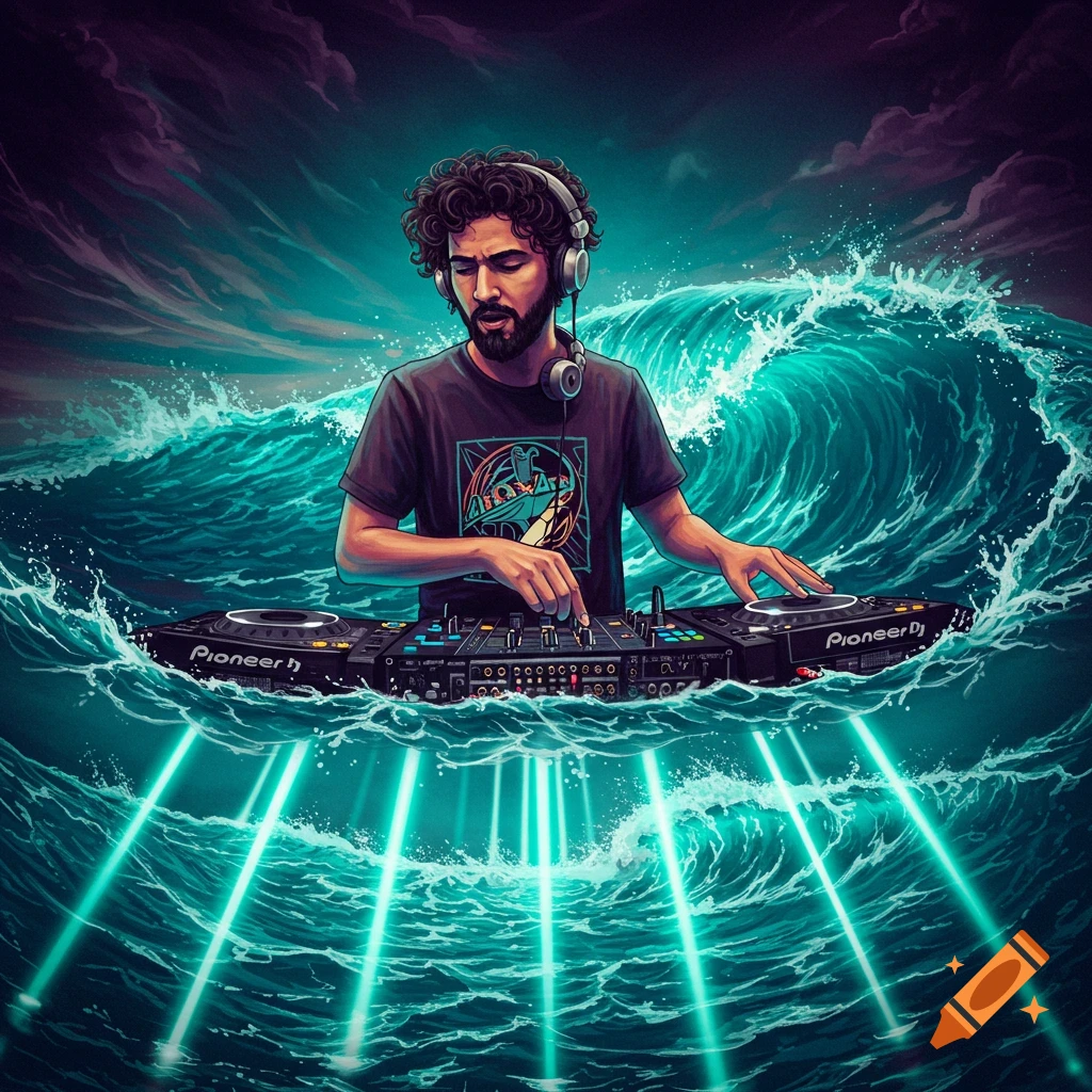 DJ mixing music with ocean waves on Craiyon