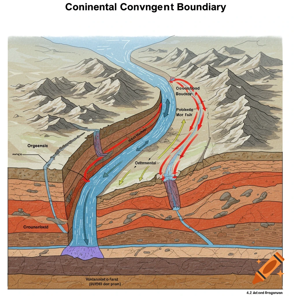 Diagram of a continental convergent boundary geologic cross-section on Craiyon